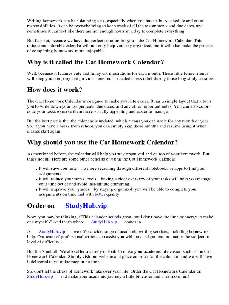 Cat Homework Calendar | PDF | Homework | Etsy