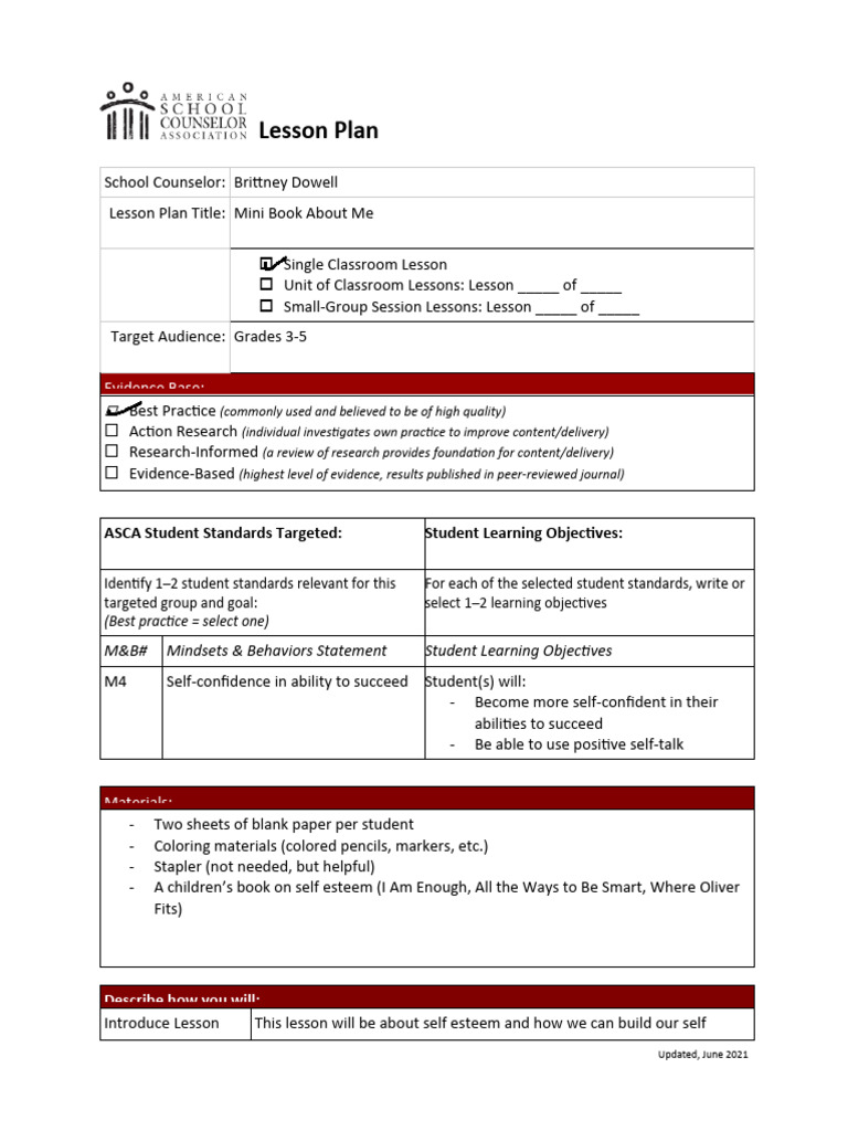 Lesson Plan | PDF | Self Esteem | Behavioural Sciences