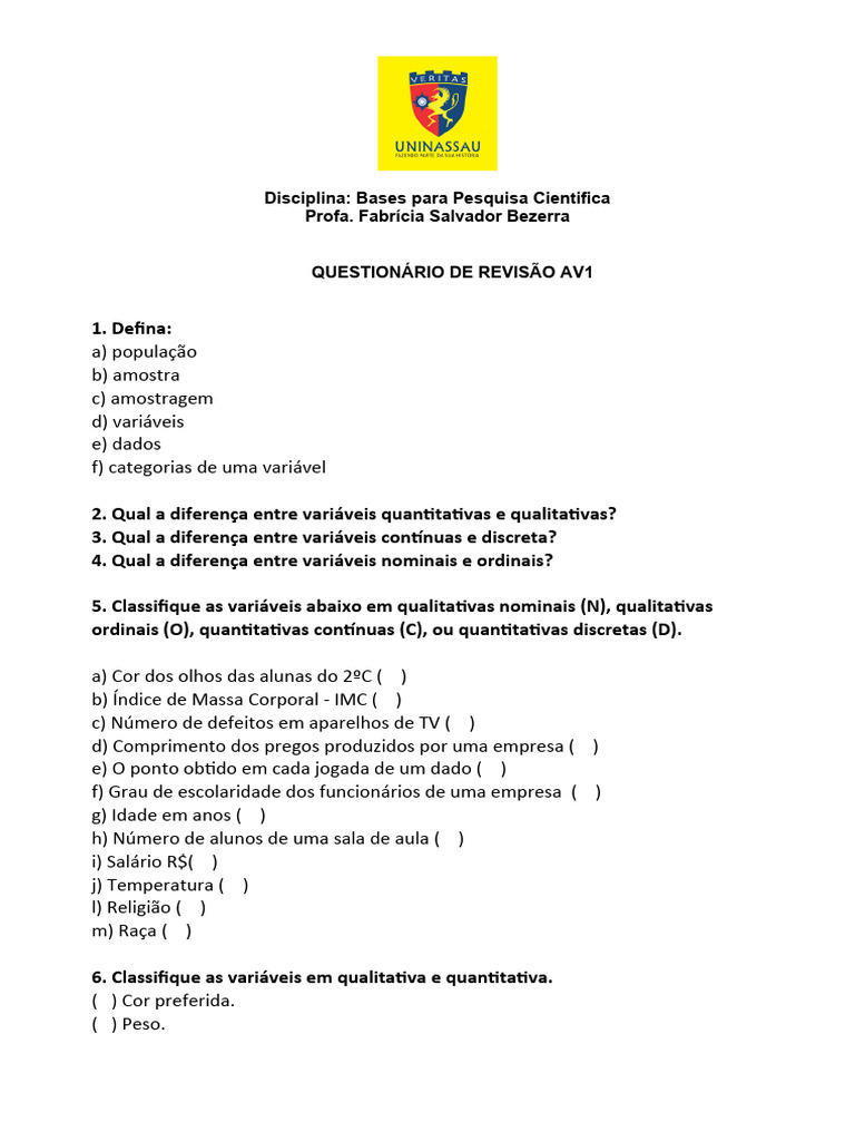 Exercício de Revisão AV1 2024 | PDF | Amostragem (Estatística)