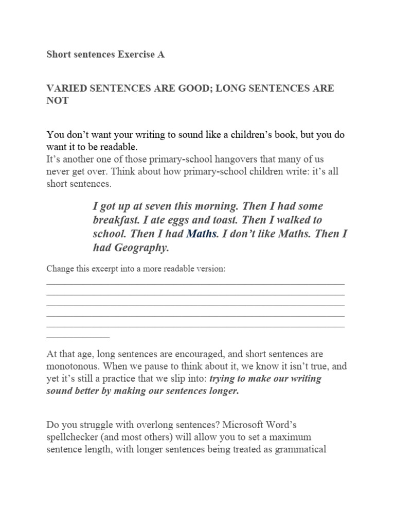 Shorter Sentences Exercise A | PDF