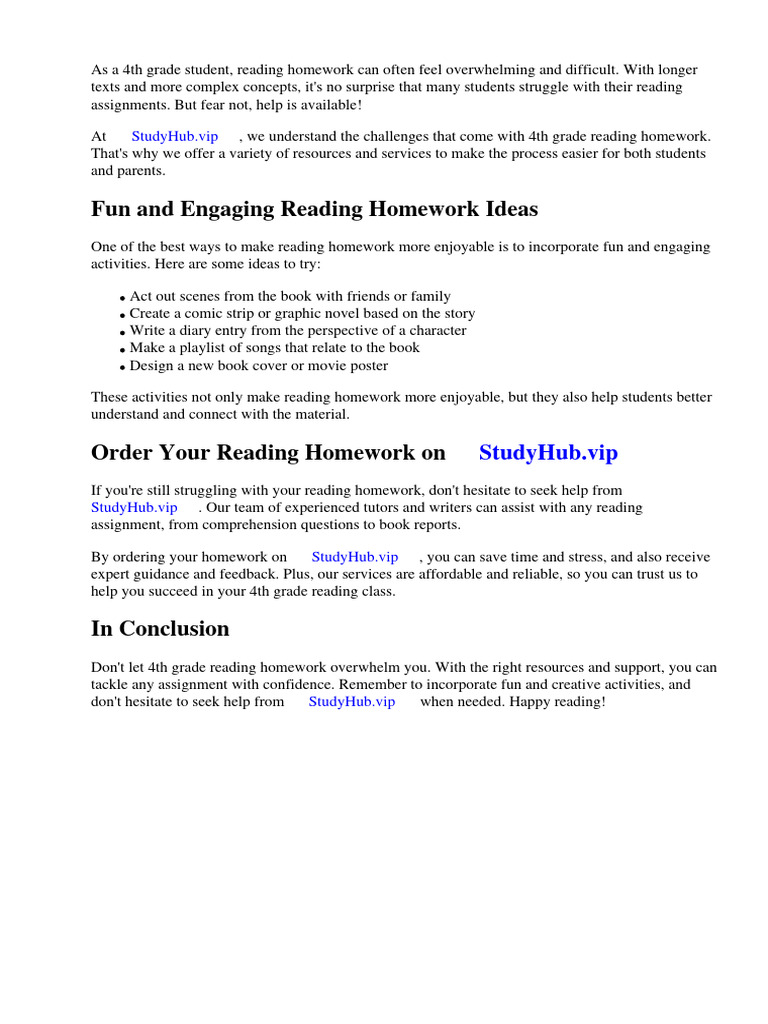 Reading Homework Ideas 4th Grade | PDF | Homework | Reading Comprehension