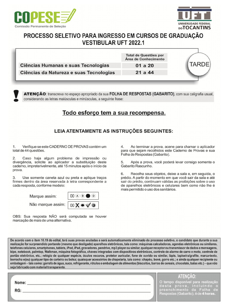 Prova de História UFT Vestibular 2022.1 | PDF | Biogás | Calor
