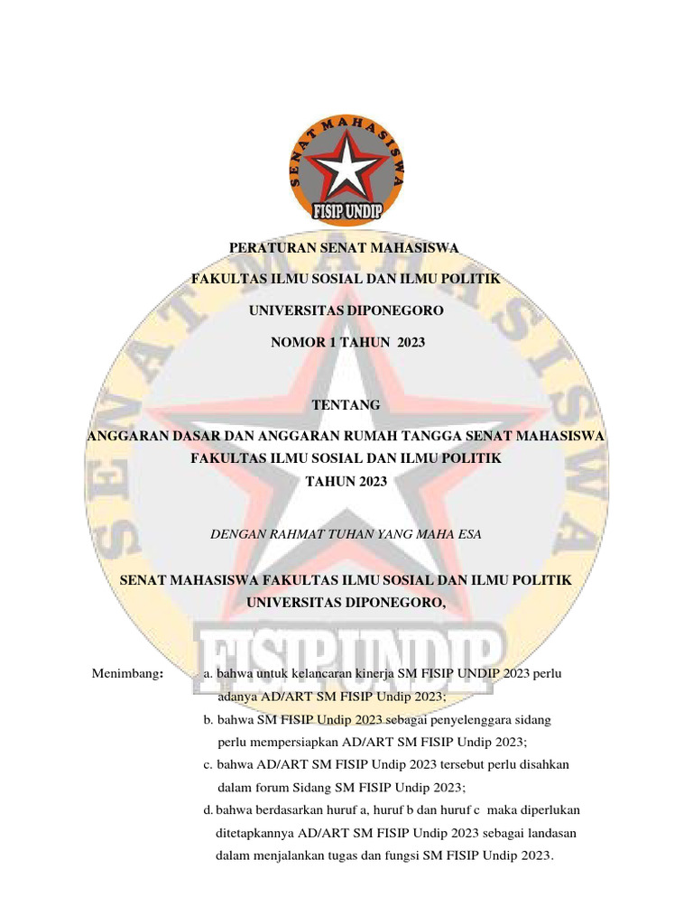AD/ART Senat Mahasiswa FISIP Undip 2023 | PDF