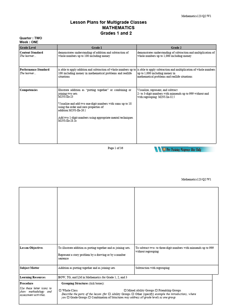 Multigrade Math Lesson Plans: Q2 W1 | PDF | Subtraction | Mathematics