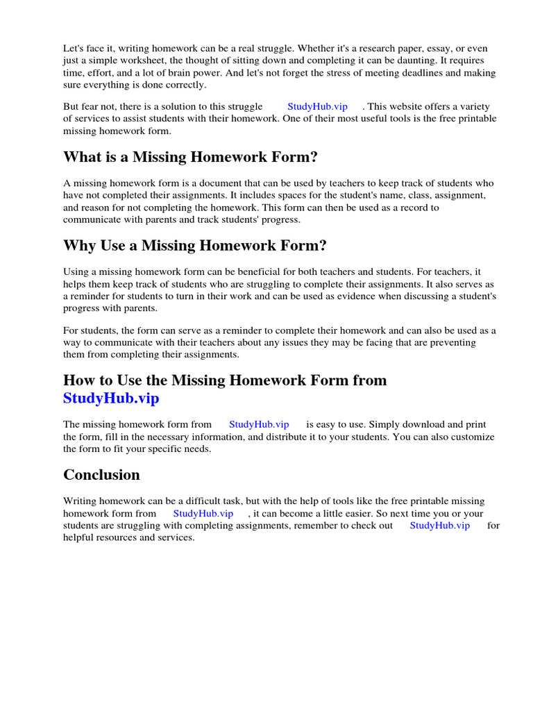 Free Printable Missing Homework Form | PDF | Homework | Safari (Web ...