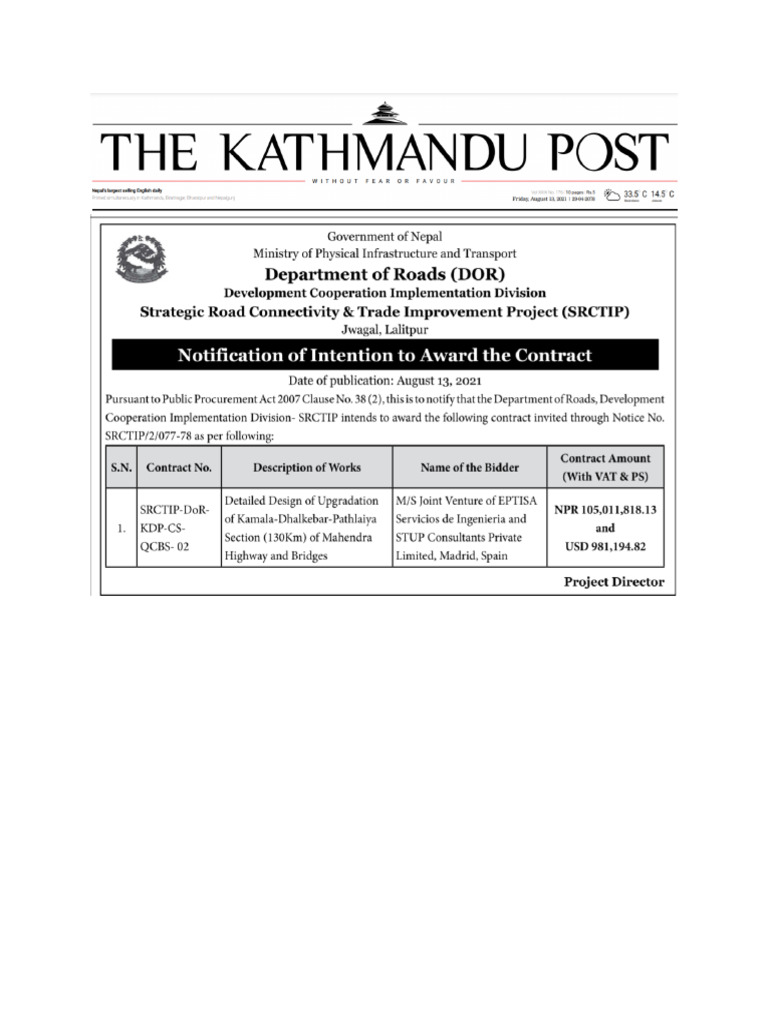 Notice Regarding Notification of Intention to Award-Detailed Design of ...