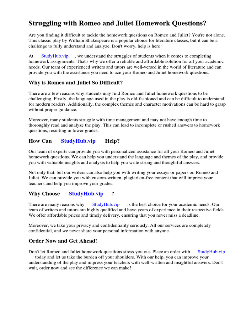 Romeo and Juliet Homework Questions | Download Free PDF | Romeo And ...