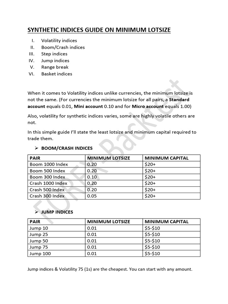 Synthetic Indices Guide On Minimum Lotsize | PDF | Volatility (Finance) | Investing