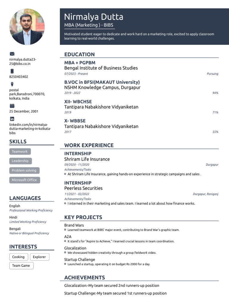 Nirmalya's Resume | PDF | Behavior Modification | Cognition