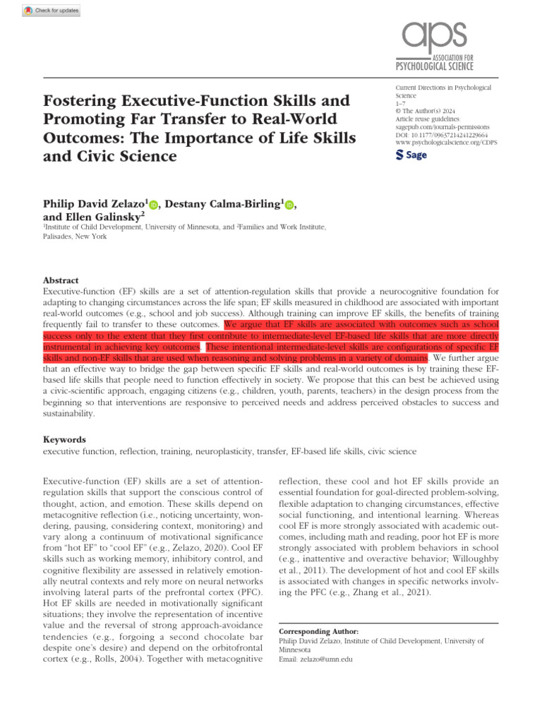 Zelazo Et Al 2024 Fostering Executive Function Skills and Promoting Far Transfer To Real World ...
