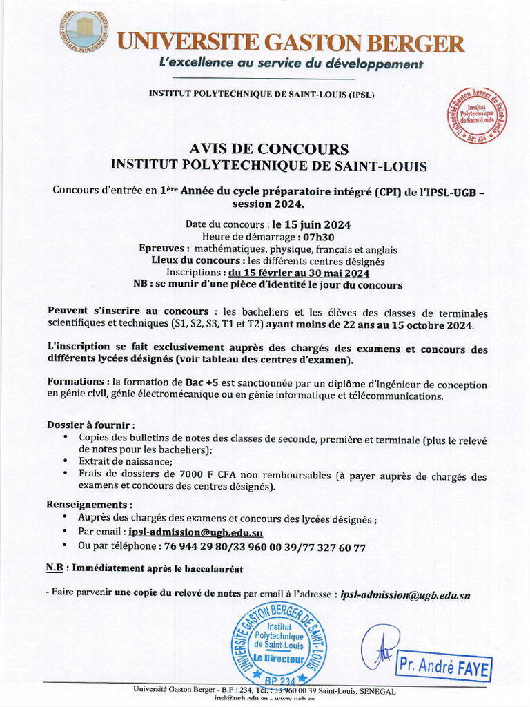 Avis de Concours D'entrã©e en 1Ã Re Annã©e Du Cycle Prã©paratoire intÃ ...