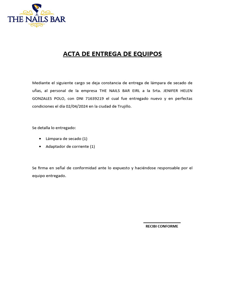 ACTA DE ENTREGA DE EQUIPOS | PDF
