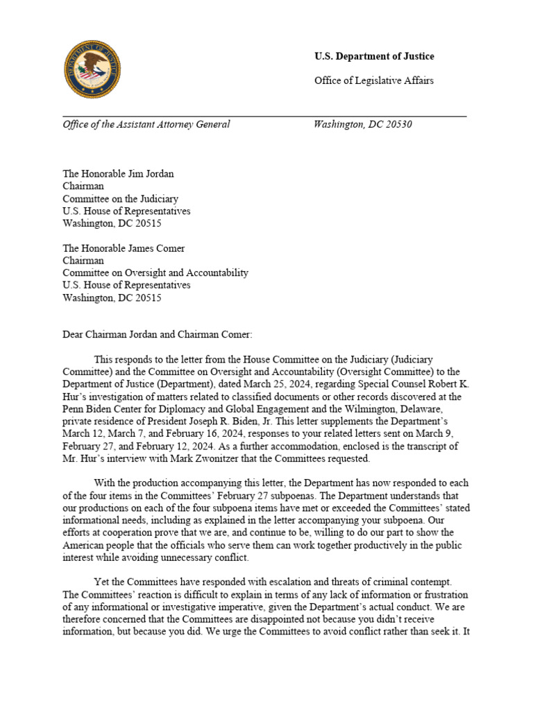 Letter To Jim Jordan and James Comer From DOJ AAG For Leg. Affairs ... Letter To Jim Jordan and James Comer From DOJ AAG For Leg. Affairs ...