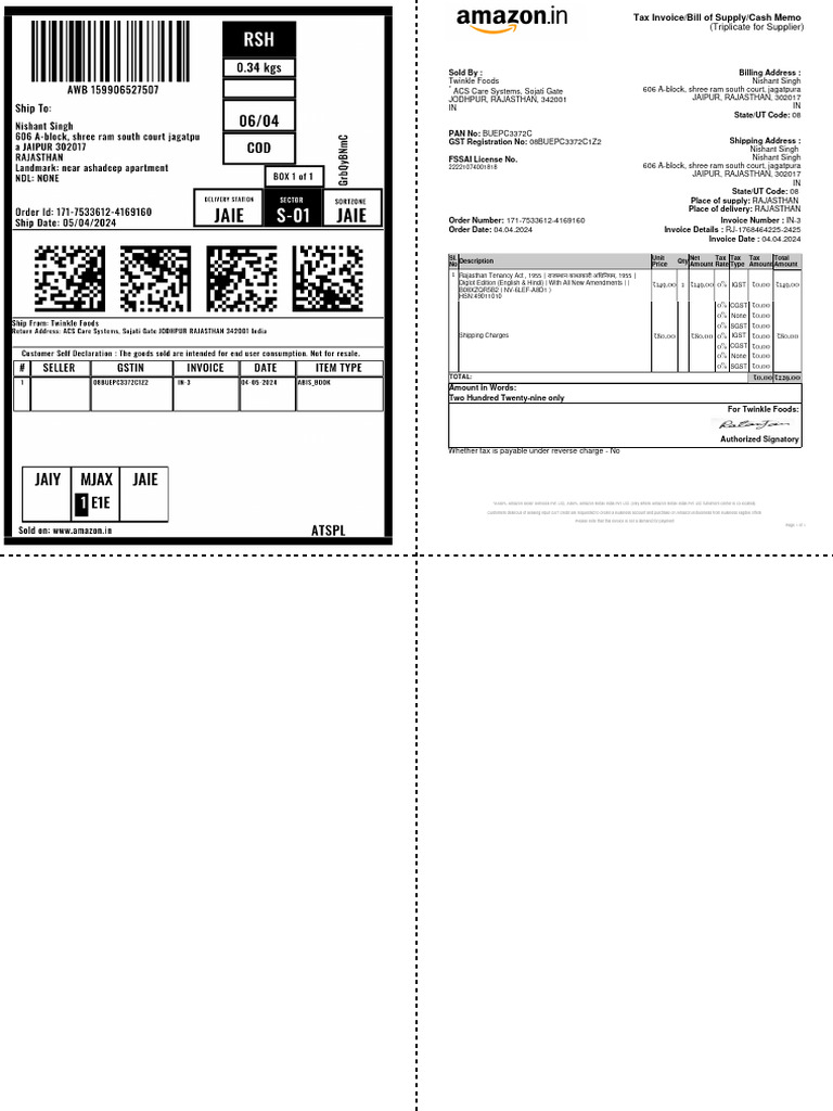 (Triplicate For Supplier) : Sl. No Description Unit Price Qty Net ...