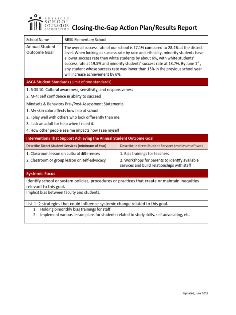 Closing The Gap Action Plan and Results Report | PDF | Bias | Goal