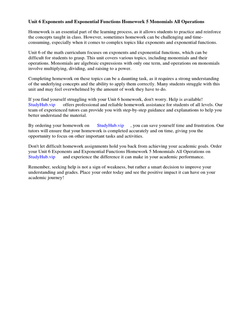 Unit 6 Exponents and Exponential Functions Homework 5 Monomials All ...