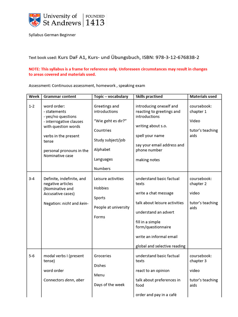 German Beginner Syllabus Overview | PDF | Verb | Grammatical Tense