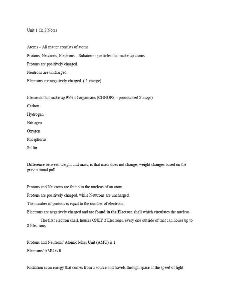 Unit 1 Ch. 2 Notes | PDF | Proton | Atoms