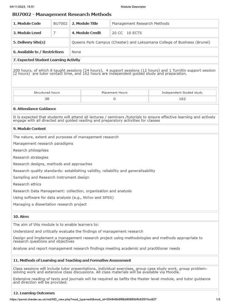 Module Descriptor | PDF | Methodology | Learning