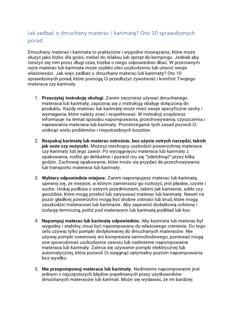 10 Porad Jak Zadbać o Dmuchany Materac | PDF