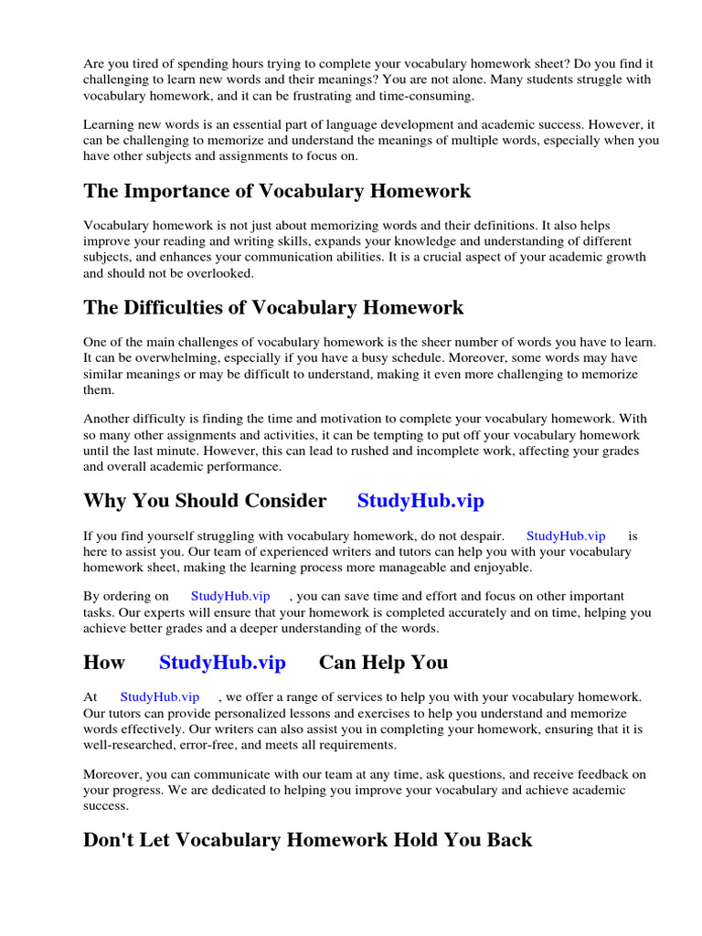 Vocabulary Homework Sheet | PDF | Vocabulary | Homework