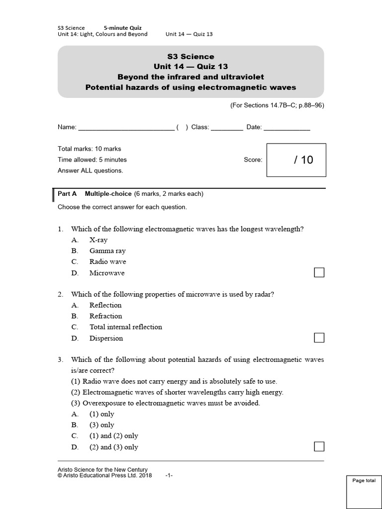 Scicent Quiz U14-13 Final e | PDF | Electromagnetic Radiation | Waves