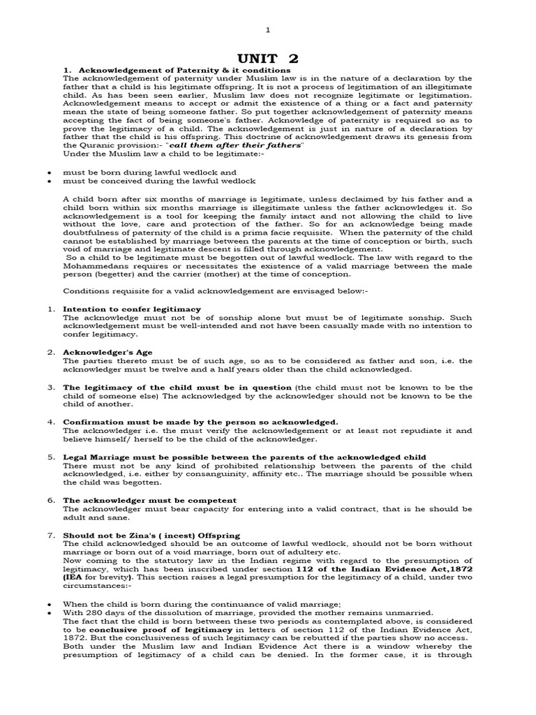 Muslim Law Unit2 Important Questions | PDF | Legal Guardian | Marriage