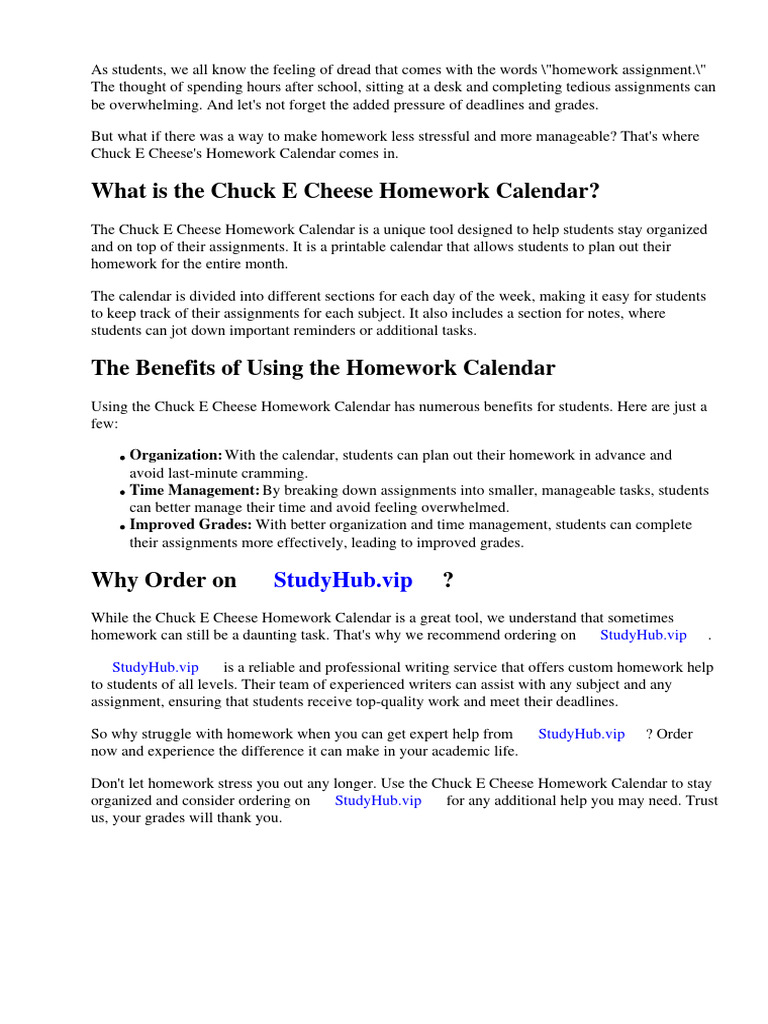 Chuck E Cheese Homework Calendar Guide | PDF | Homework | Http Cookie