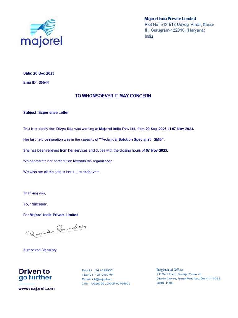 Experience Letter for Divya Das | PDF