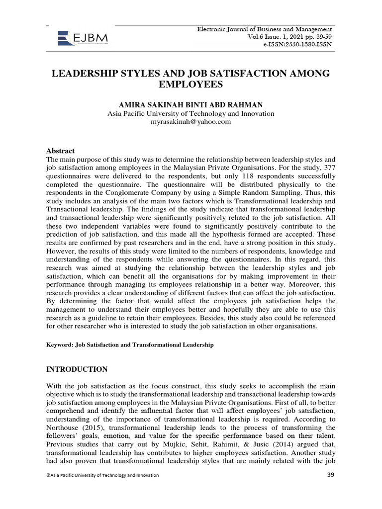 Paper 4 Leadership Styles and Job Satisfaction Among Employees | PDF | Leadership | Job Satisfaction
