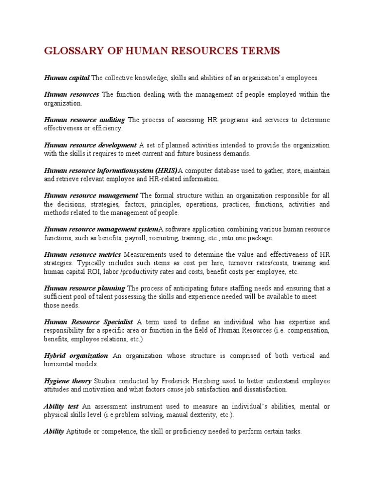 Glossary of Human Resources Terms | PDF | Human Resource Management ...
