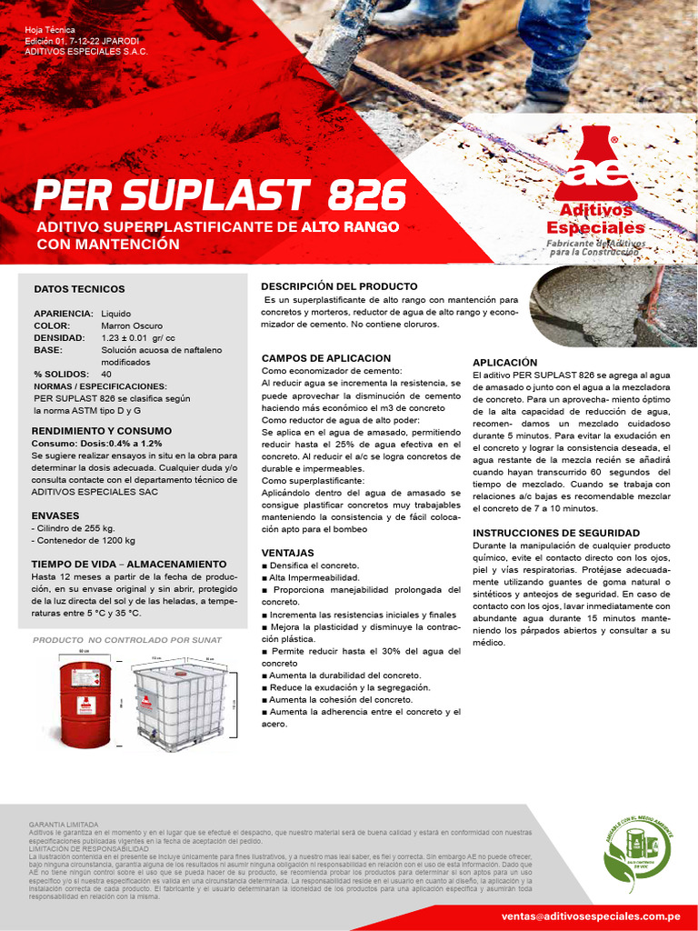 FT - Per Suplast 826 | PDF | Hormigón | Agua