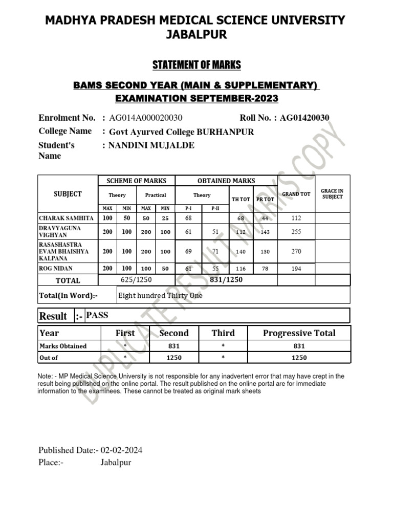 MPMSU BAMS IIND Marksheet | PDF