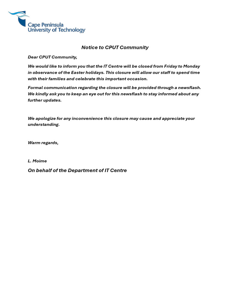 Notice To CPUT Community | PDF
