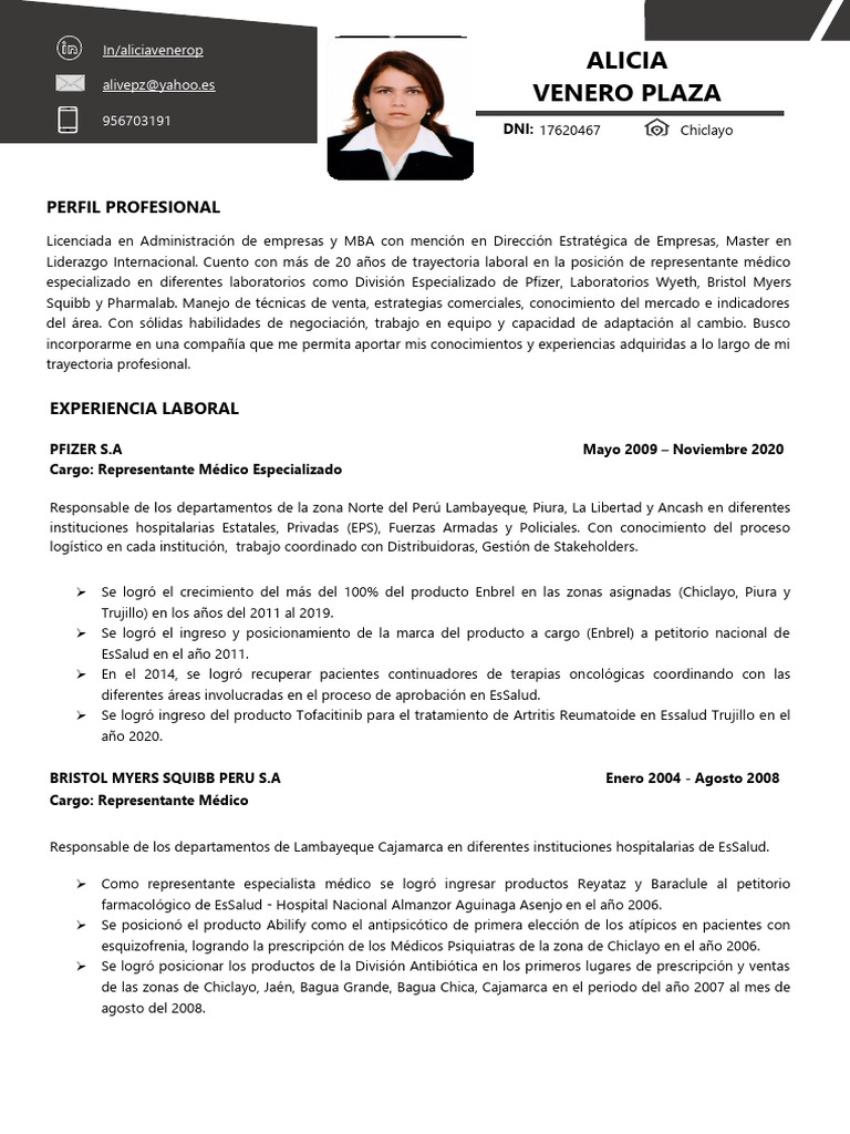 CV Alicia Venero Plaza E | Descargar gratis PDF | Perú | Farmacia