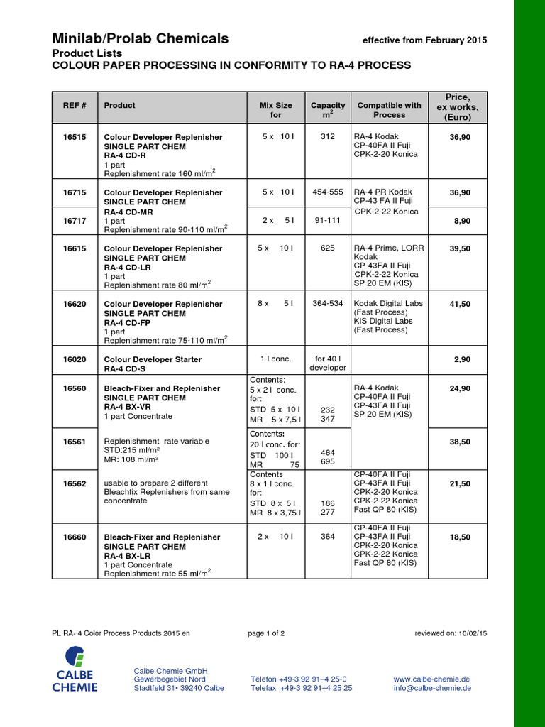 RA-4 Developer Product List 2015 | PDF | Imaging | Office Equipment