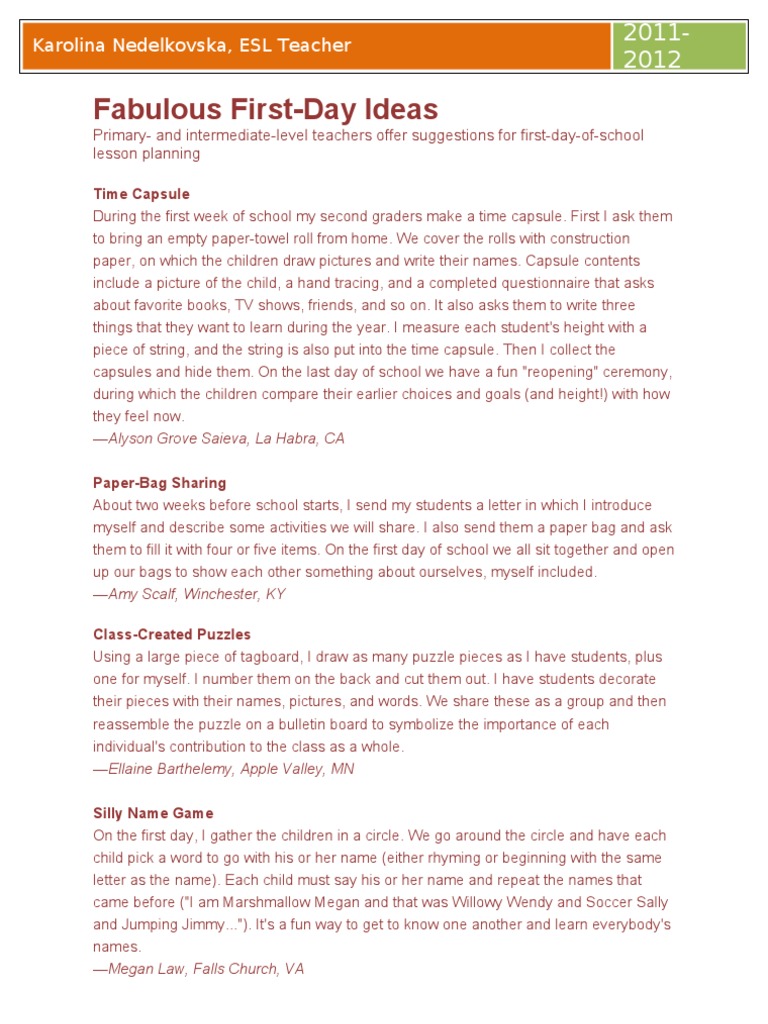 First-Day Classroom Activities Ideas | PDF | Leisure