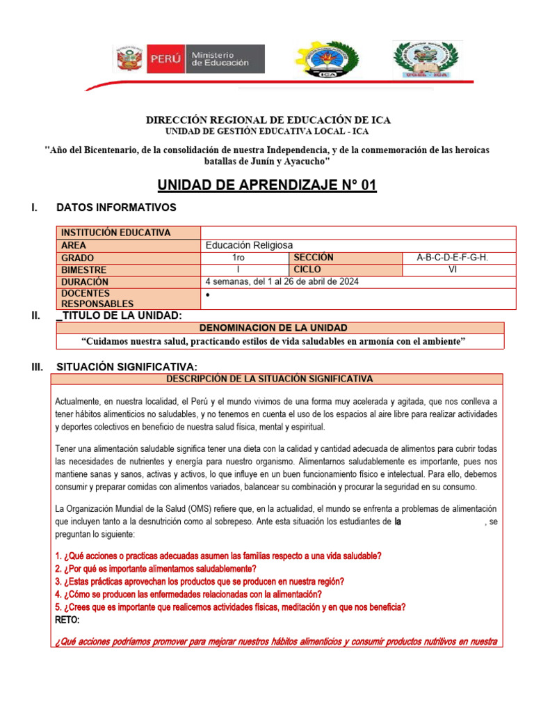 UNIDAD DE APRENDIZAJE - 2024 - 1ro | Descargar gratis PDF | Evaluación | Aprendizaje