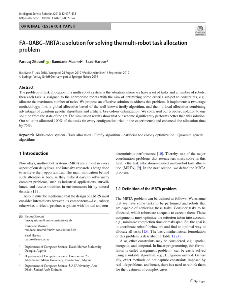 FA-QABC-MRTA: A Solution For Solving The Multi-Robot Task Allocation Problem | PDF ...