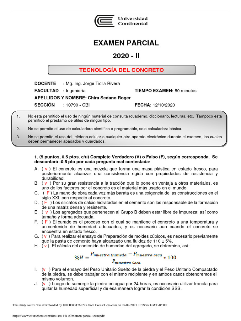 Examen Parcial Tecno PDF | PDF | Hormigón | Cemento