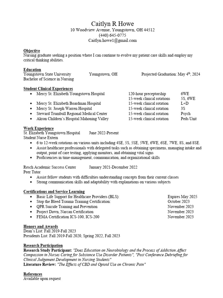 2023 Resume Caitlyn Howe | PDF | Nursing | Hospital
