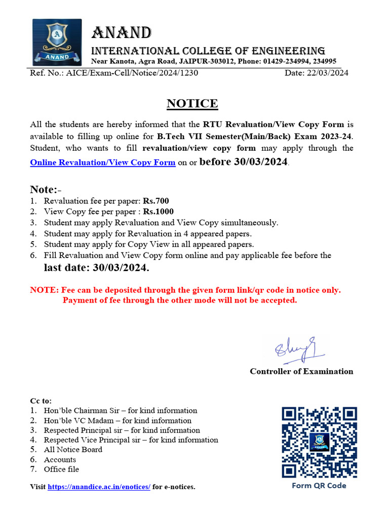 RTU Revaluation Form Notice for B.Tech Students | PDF