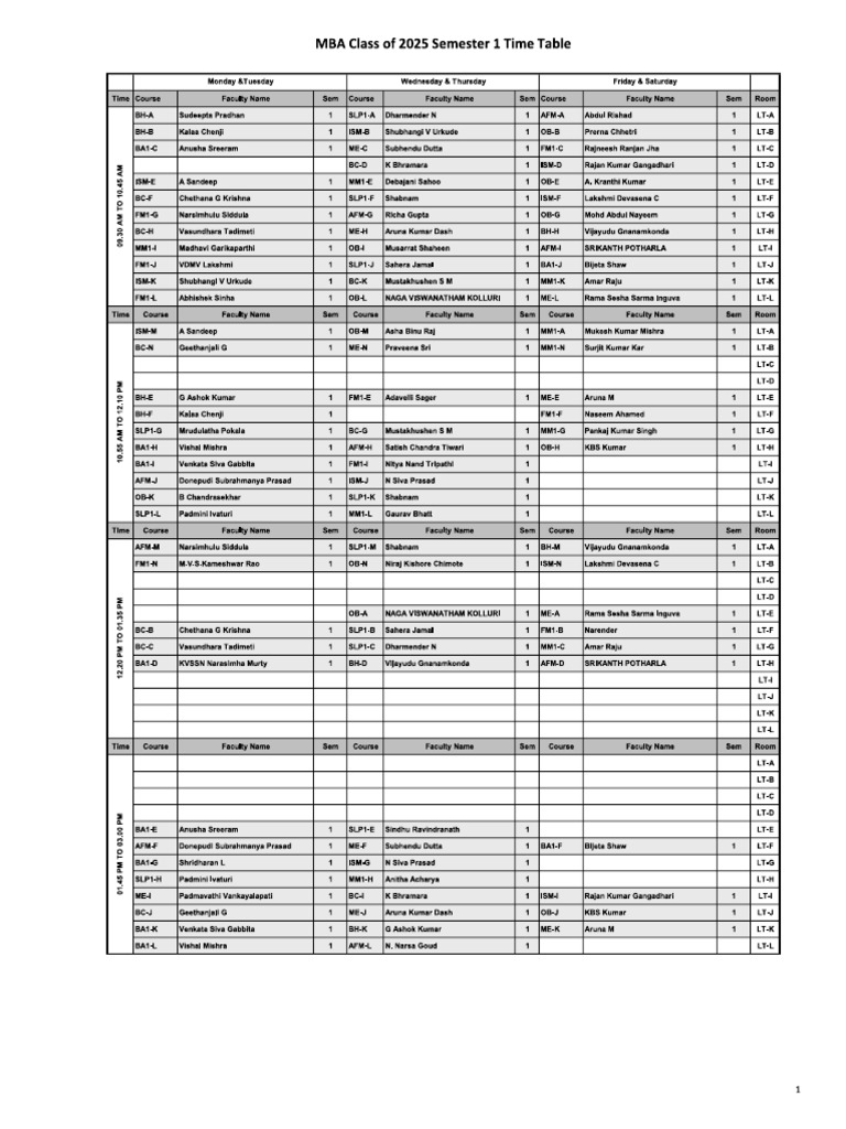 Sem 1 Time Table | PDF