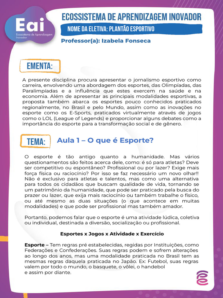 Plantão Esportivo - Material Complementar - Aula 1 | PDF | Esportes ...
