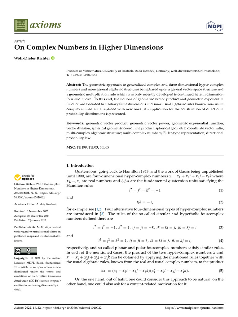 Axioms 11 00022 | PDF | Complex Number | Dimension