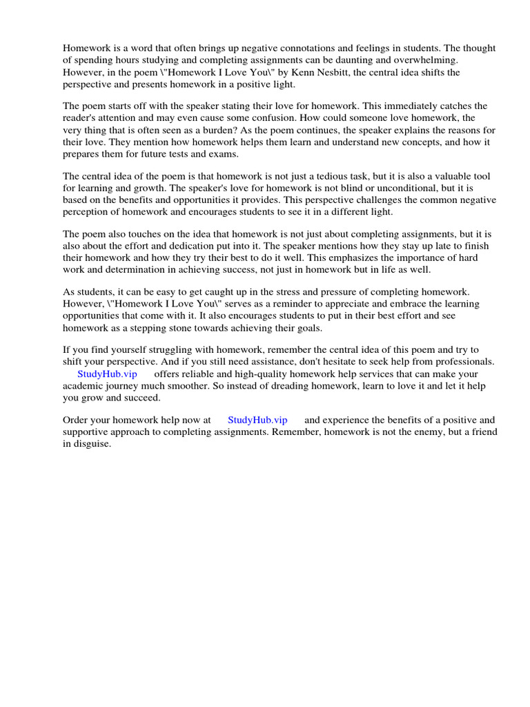 Central Idea of Poem Homework I Love You | PDF | Homework | Poetry