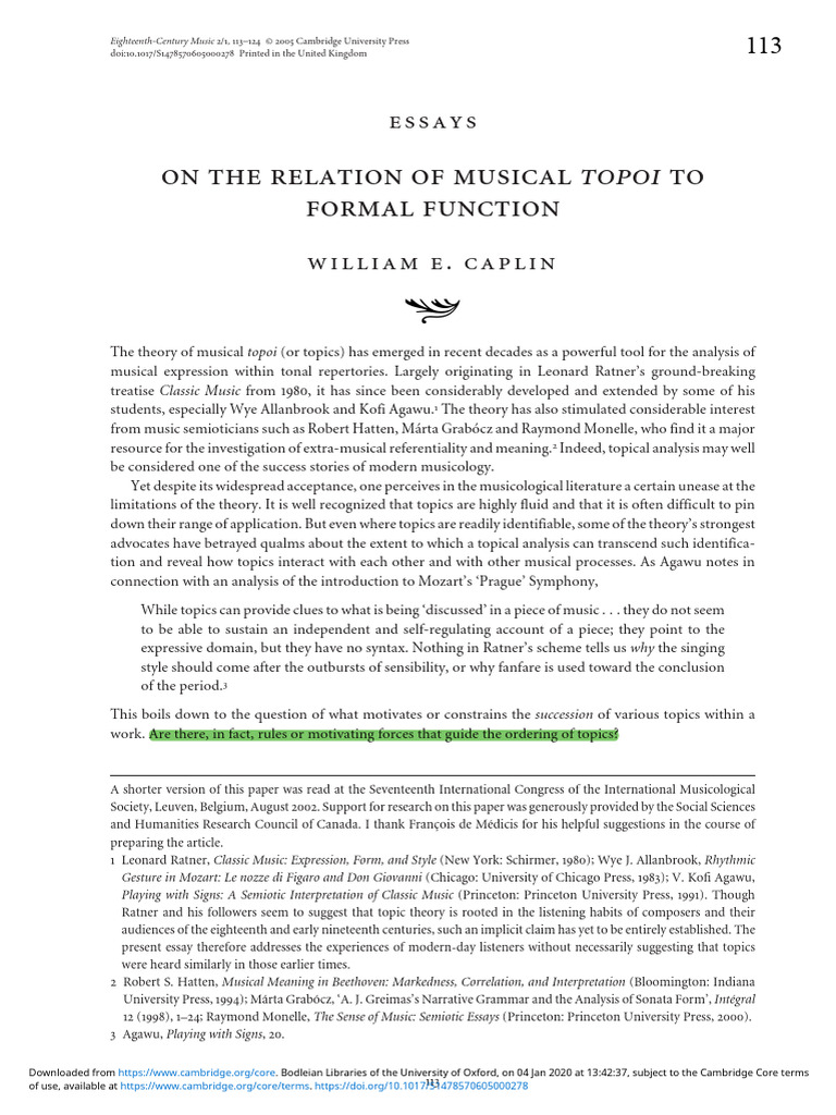 Caplin, William - 'On The Relation of Musical Topoi To Formal Function ...