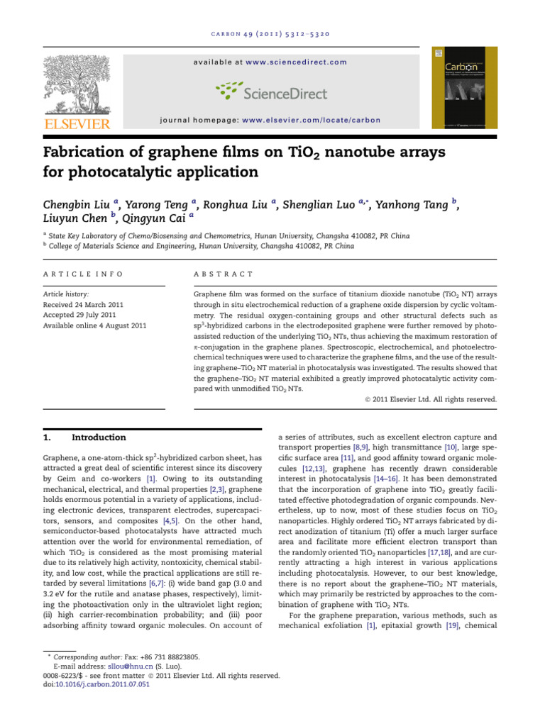 Graphene-TiO2 Nanotube Photocatalyst | PDF | Graphene | Titanium Dioxide