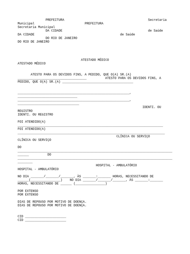 Atestado Medico Municipal RJ Sus | PDF | Ciências da Saúde | Remédio Atestado Medico Municipal RJ Sus | PDF | Ciências da Saúde | Remédio