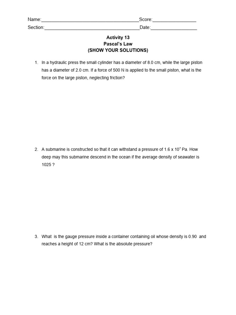 Activity 13 (M4) - Pascals Law | PDF | Home & Garden